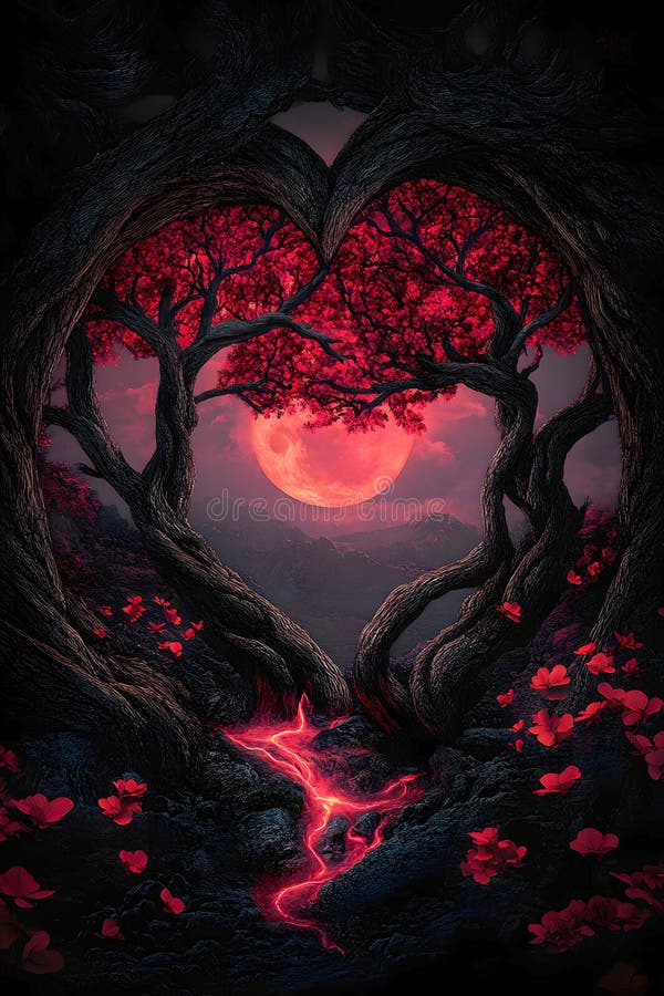 Twisted Trees Forming a Heart with Red Moon in Background Stock ...