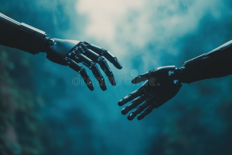 Two Robotic Hands Reaching Toward Each Other in a Misty Setting ...