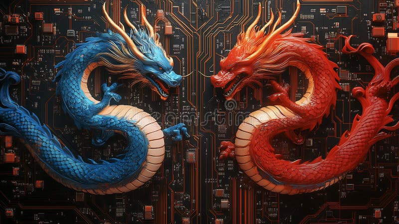 Two Intricately Designed Blue and Red Dragons Face Off on a Circuit ...