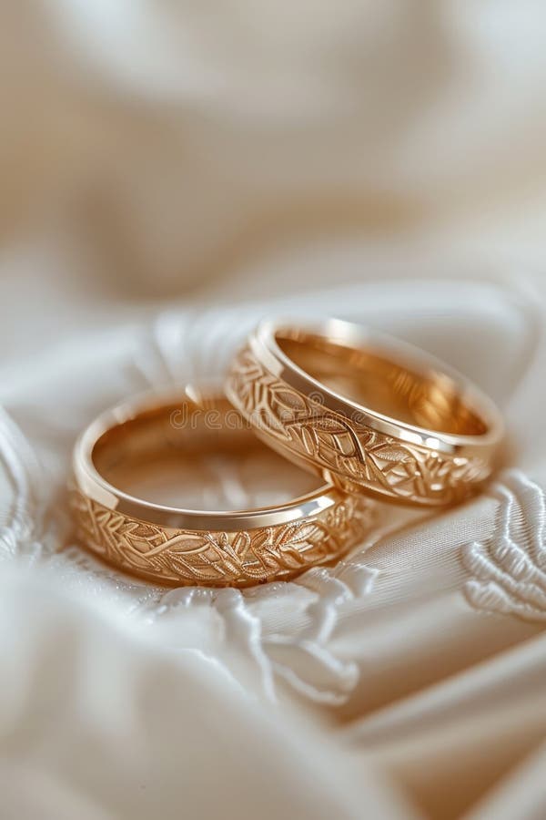 Two Intricately Designed Gold Wedding Rings on Satin Fabric Stock ...