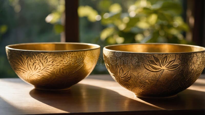 Elegant Golden Bowls with Intricate Floral Designs on Wooden Table ...