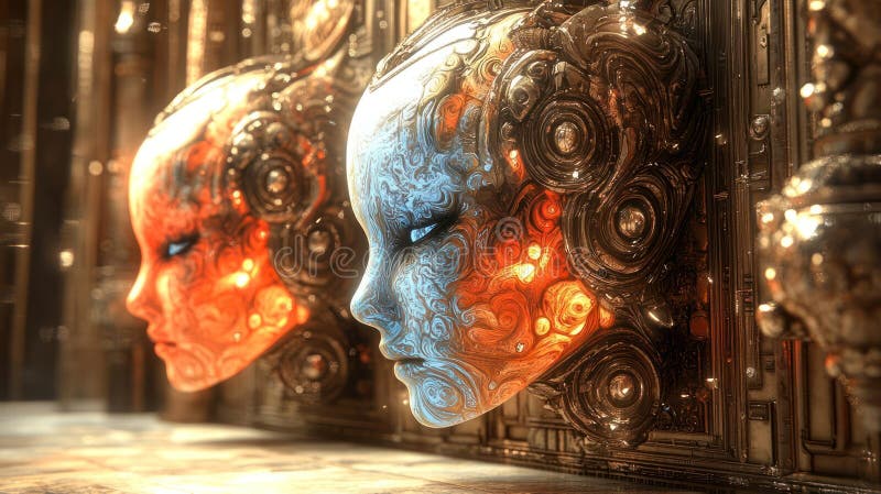 Futuristic Metallic Sculptures: Intricate Blue and Orange Cyborg Heads ...