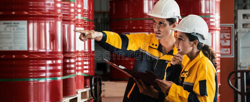 Two Inventory Inspector Conduct Inspection on Chemical Barrel. Pano ...