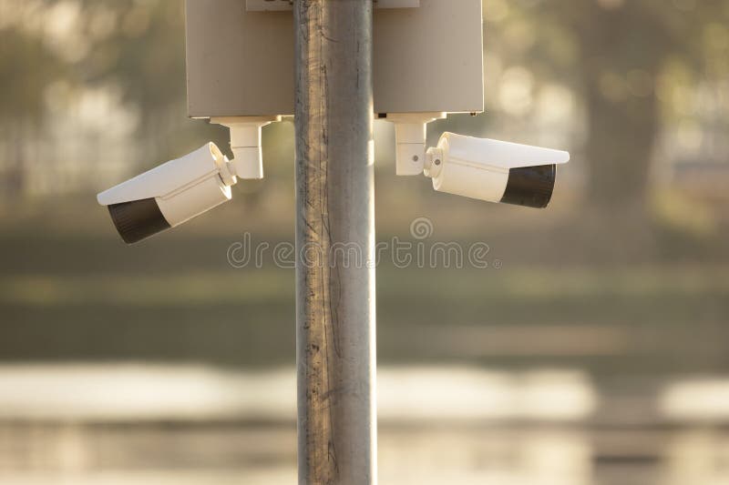 IP CCTV Camera Install on Pole is Home Security System Concept Stock ...