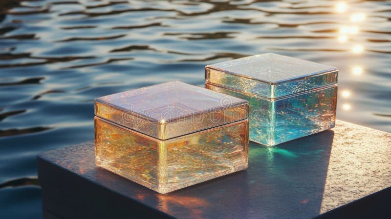 Two Iridescent Glass Boxes by the Water Stock Illustration ...