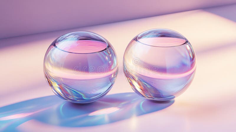 Two Iridescent Glass Spheres Filled with Water Sit on a Pastel Surface ...