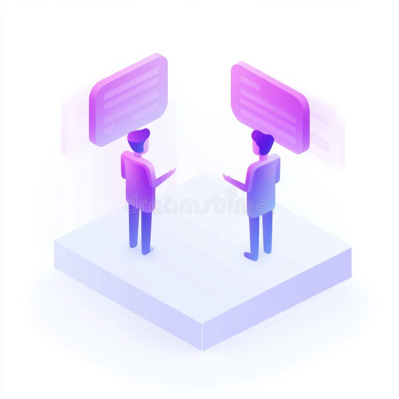 Two Isometric People Engaged in Digital Communication on Elevated ...