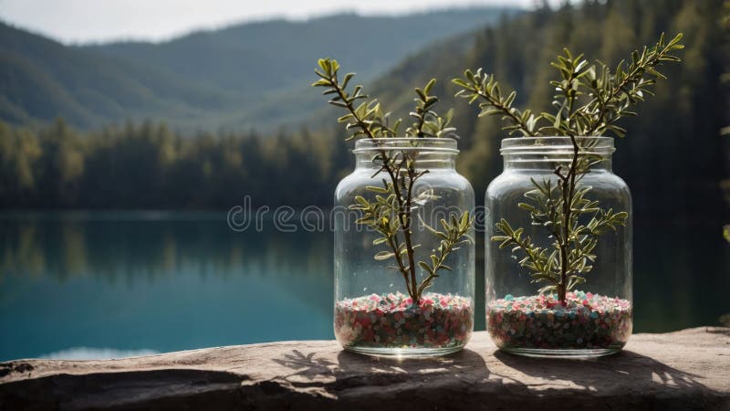 Serene Lakeside Plants in Glass Jars: Tranquil Nature Scene Stock ...