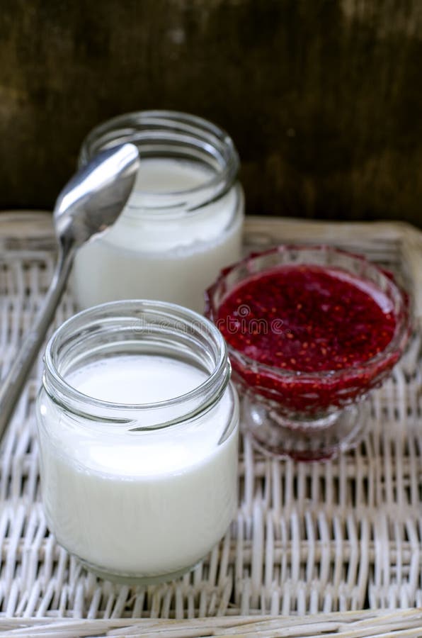 Two Jars of Yogurt and Raspberry Jam Stock Image - Image of dairy ...