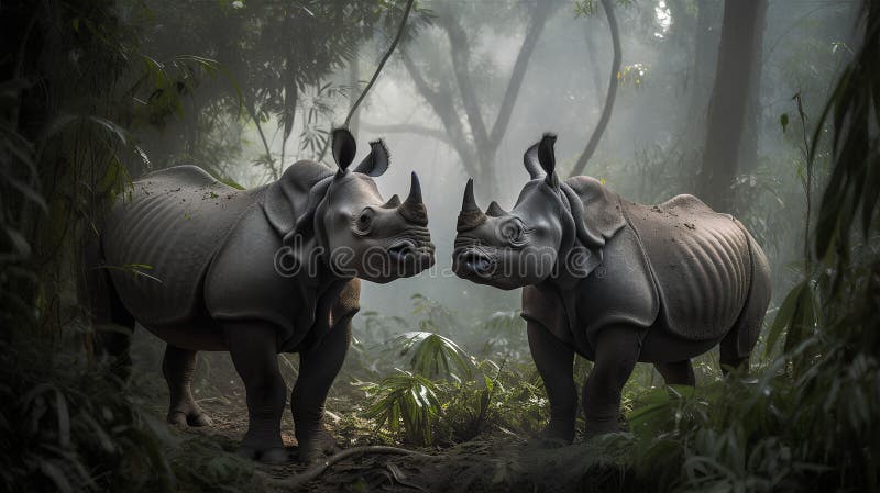 Two Javan Rhinos Standing in a Forest. Ai-generated Stock Illustration ...