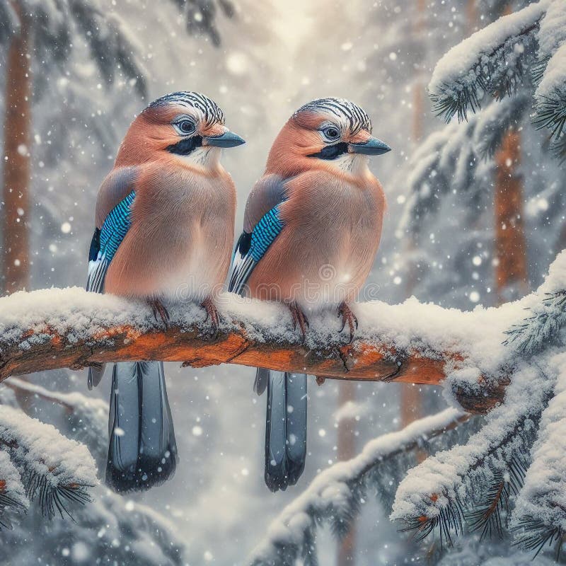 Two Jay Birds Sitting on a Branch in a Snowy Forest Stock Illustration ...