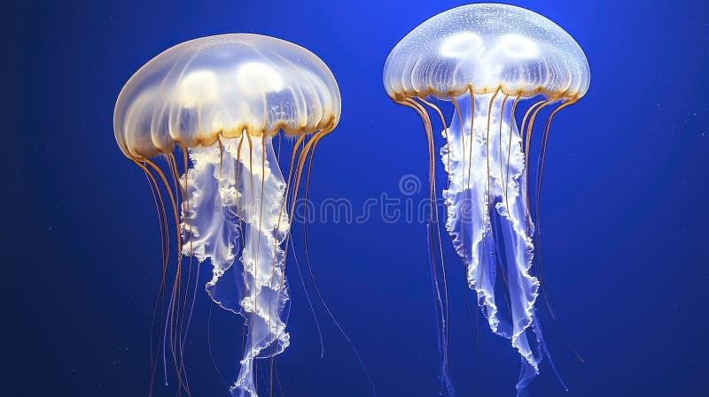 Two Jellyfish in Deep Blue Water Translucent and Amber Variations Stock ...
