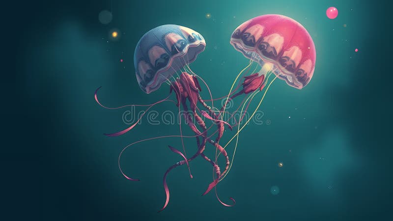 Two Jellyfish Floating in Deep Sea Stock Image - Image of digital ...