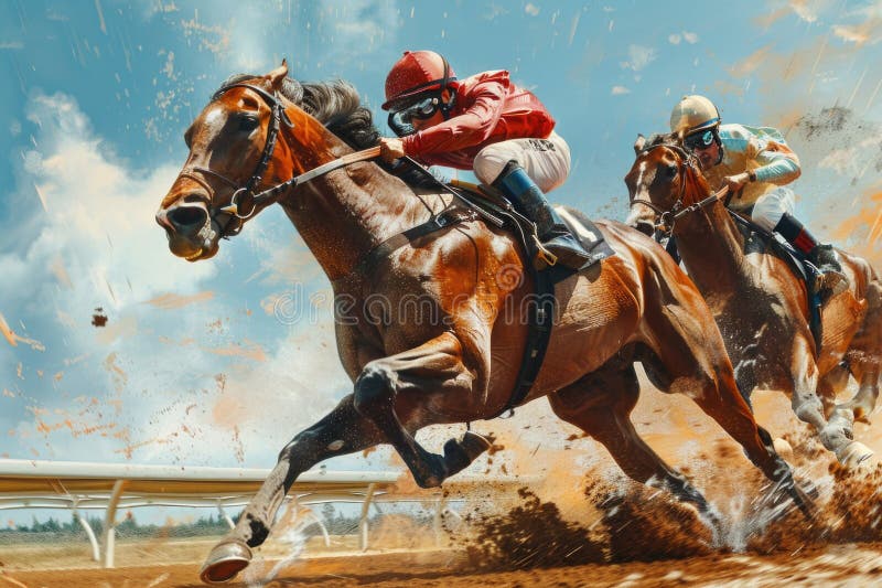 Two Jockeys Ride Horses on a Track, with the Finish Line in Sight Stock ...