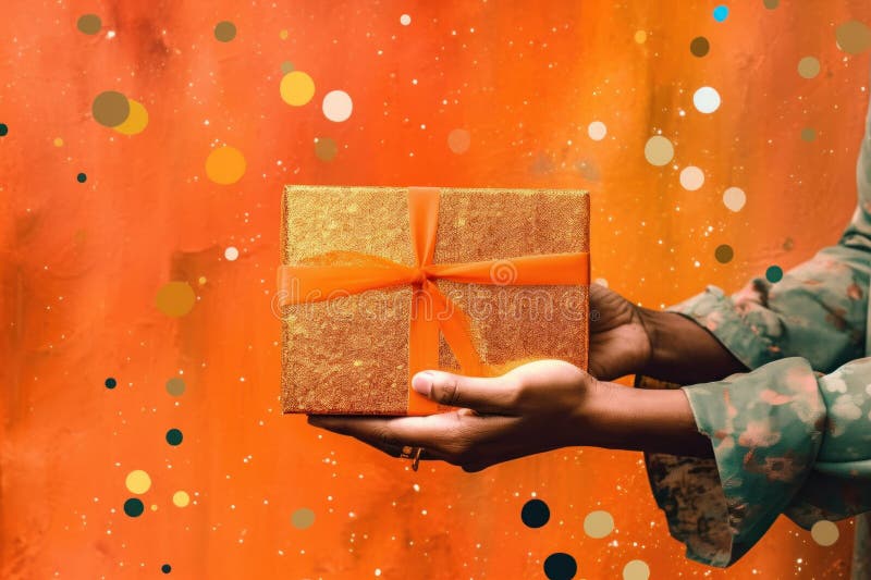 Two Joined Hands Holding a Golden Gift Box with Glittering Ribbons ...