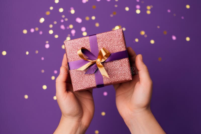 Two Joined Hands Holding a Golden Gift Box with Glittering Ribbons ...