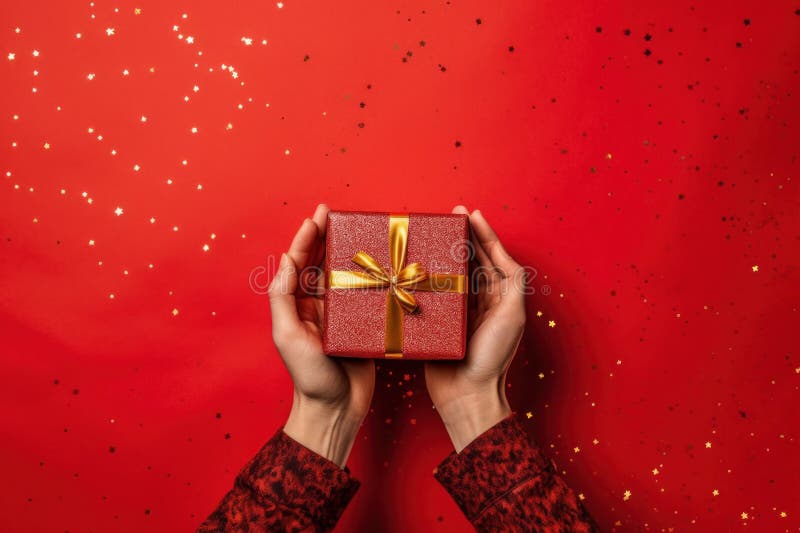 Two Joined Hands Holding a Golden Gift Box with Glittering Ribbons ...