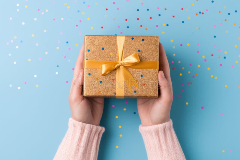Two Joined Hands Holding a Golden Gift Box with Glittering Ribbons ...