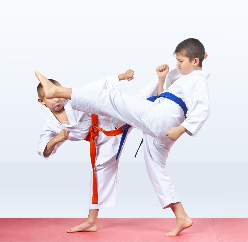 Two Karateka Beat Kicks on the Red Mats Stock Image - Image of jitsu ...