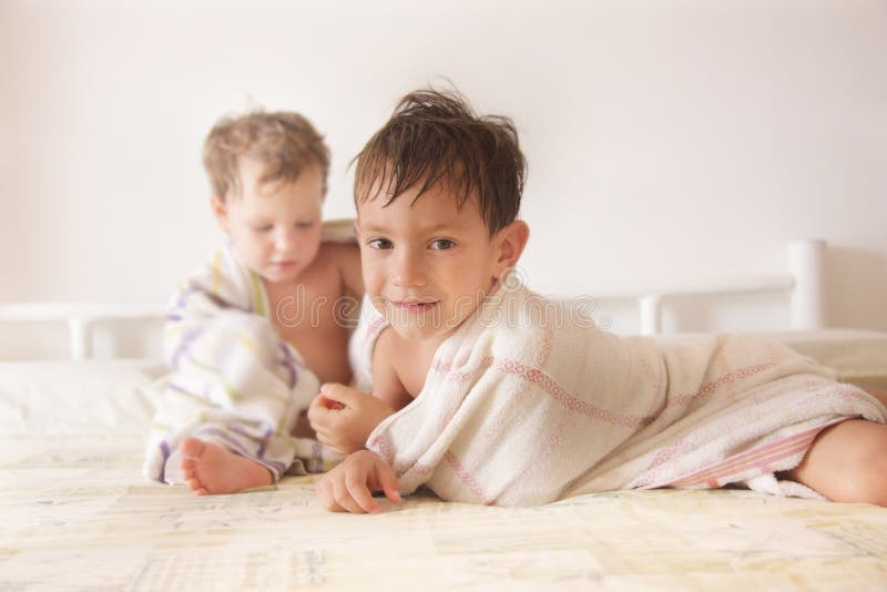 Two kids after bath stock photo. Image of humen, family - 22862058