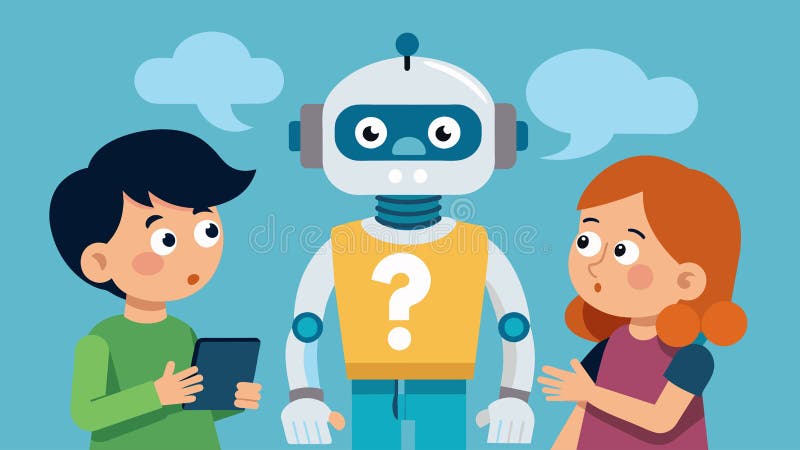 Two Kids Chatting with a Humanoid Robot Asking Questions and Learning ...