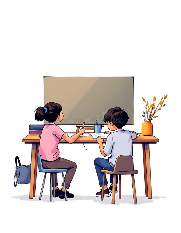Two Kids Collaborating at a Study Table in a Bright, Engaging ...
