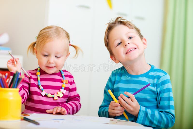Two Kids Drawing with Coloring Pencils Stock Photo - Image of lifestyle ...