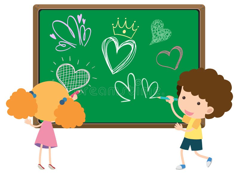 Two Kids Drawing Heart Doodle on Chalkboard Stock Vector - Illustration ...