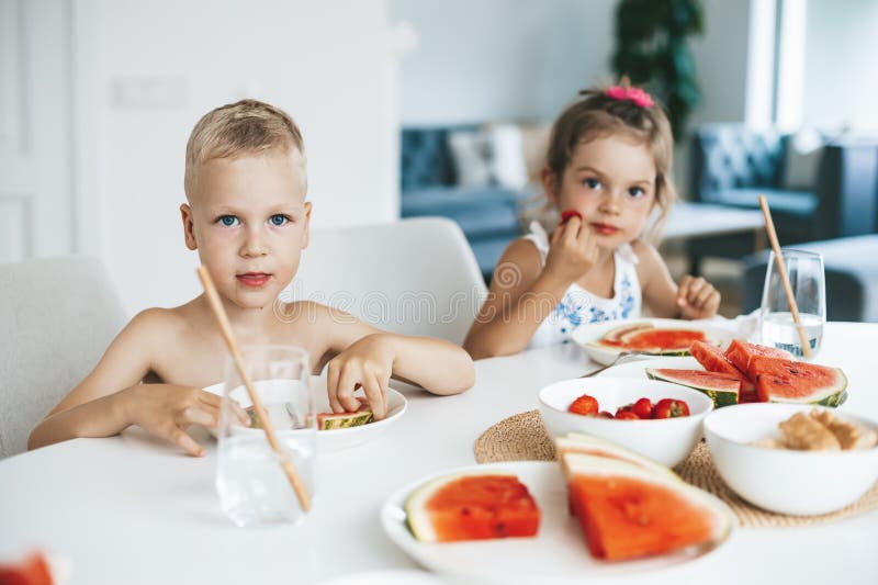Two Kids Eating Fresh Juicy Watermelon Stock Image - Image of snack ...