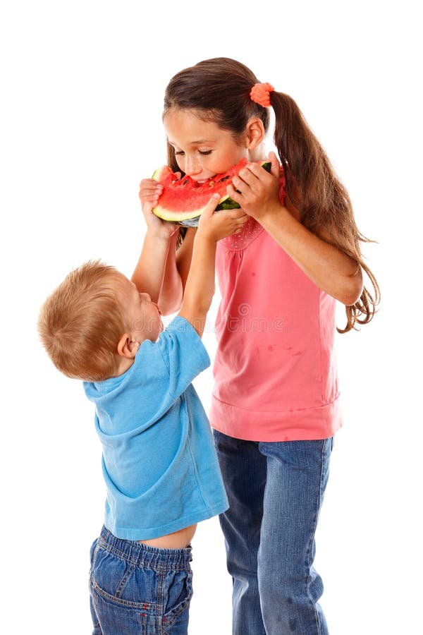 Two kids eating watermelon stock photo. Image of fruit - 33515346