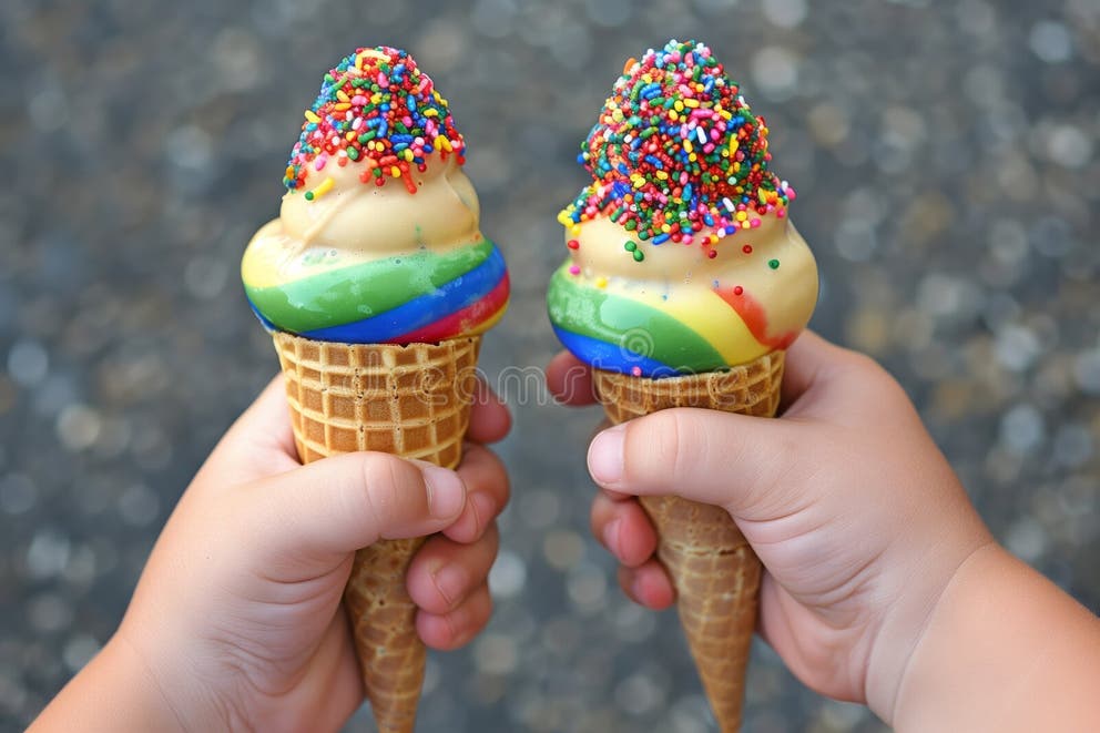 Two Kids Hands Each Holding a Rainbow Sprinklecovered Cone Stock Photo ...