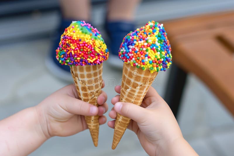 Two Kids Hands Each Holding a Rainbow Sprinklecovered Cone Stock Photo ...