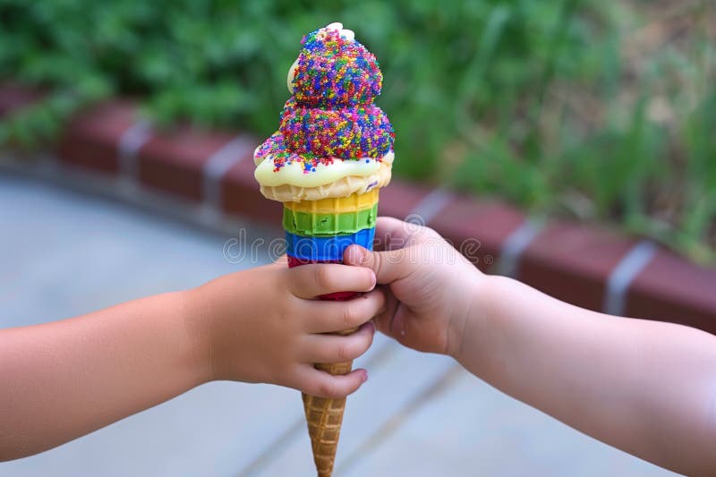 Two Kids Hands Each Holding a Rainbow Sprinklecovered Cone Stock Image ...