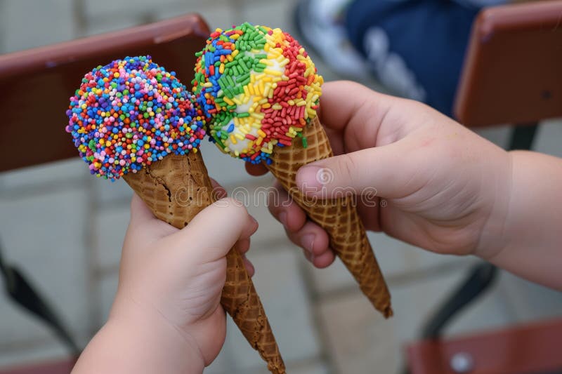 Two Kids Hands Each Holding a Rainbow Sprinklecovered Cone Stock ...