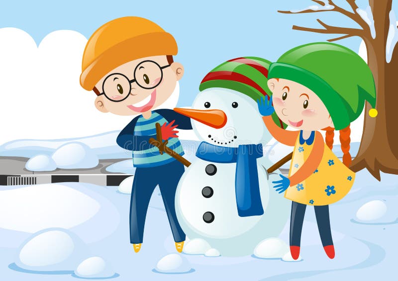 Two kids hugging snowman stock illustration. Illustration of youth ...