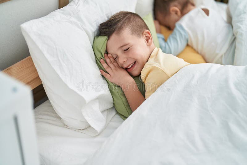 Two Kids Lying on Bed Sleeping at Bedroom Stock Image - Image of sleepy ...