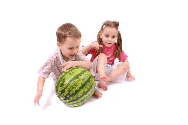 Two kids and melon stock image. Image of love, cute, child - 9145013