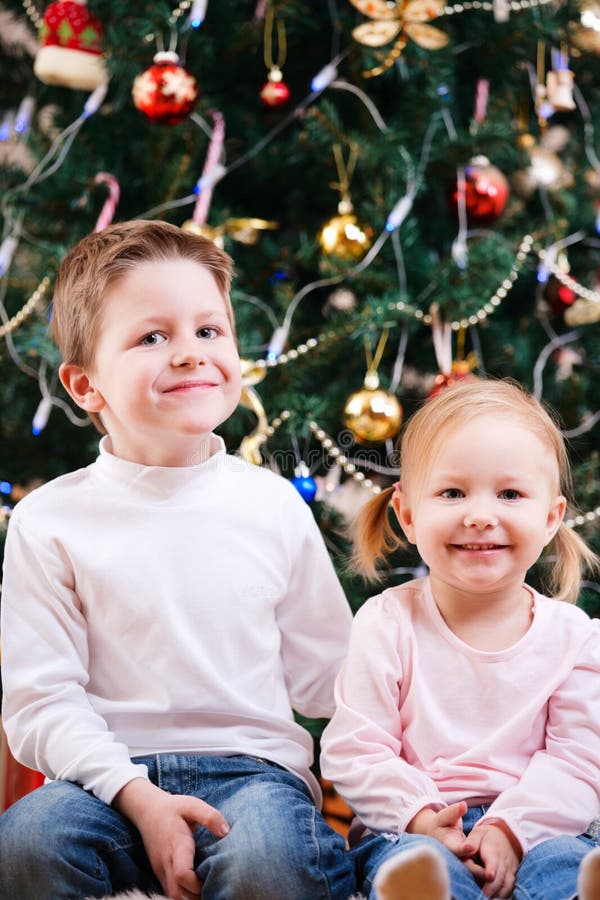 Kids with Small Decorated Tree at Christmas Time Stock Image - Image of ...