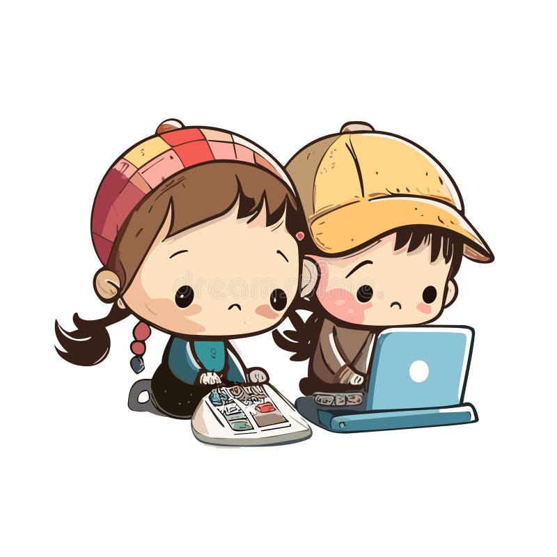 TWO KIDS ONLINE LEARNING EDUCATION MINIMALIST ILLUSTRATION Stock Vector ...