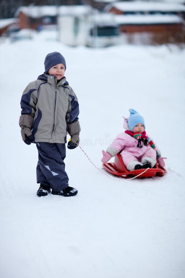 Two Kids Outdoors on Winter Day Stock Photo - Image of toddler, snow ...