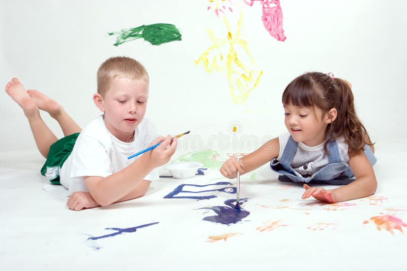 Two Kids are Painting Pictures. Stock Image - Image of artist, adorable ...