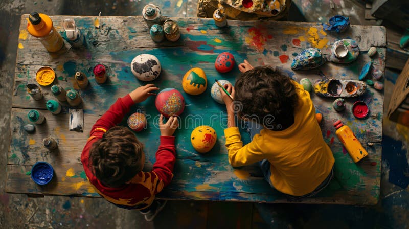 Two Kids Painting Rocks at a Colorful Table, Developing Their ...