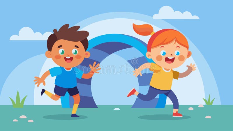 Two Kids Playfully Racing Each Other through an Obstacle Course Tunnel ...