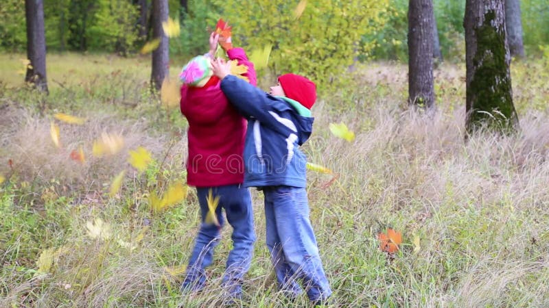 Two Kids Playing in the Forest Stock Video - Video of leaves, happiness ...