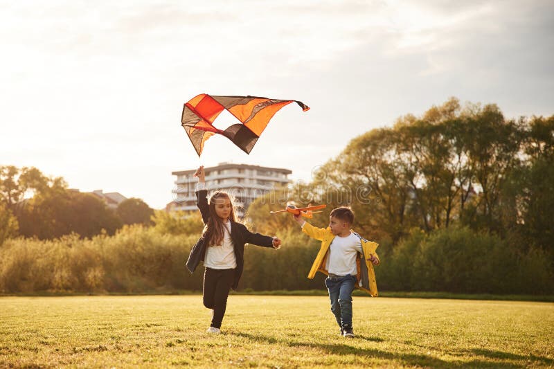 Two Kids are Playing with Kite on the Summer Field Stock Image - Image ...