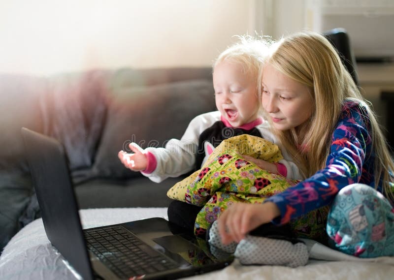 Two Kids Playing with Laptop Computer . Stock Photo - Image of happy ...
