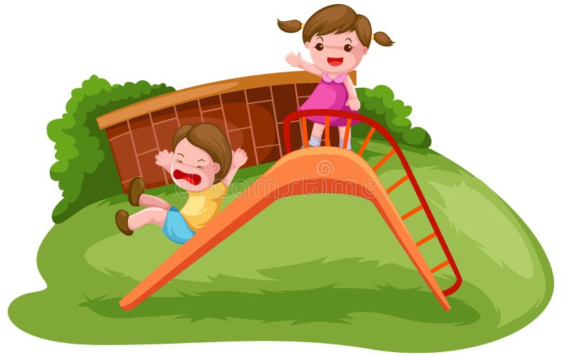 Cute Happy Kids Sliding on Slide and Riding Kick Scooter Set Cartoon ...