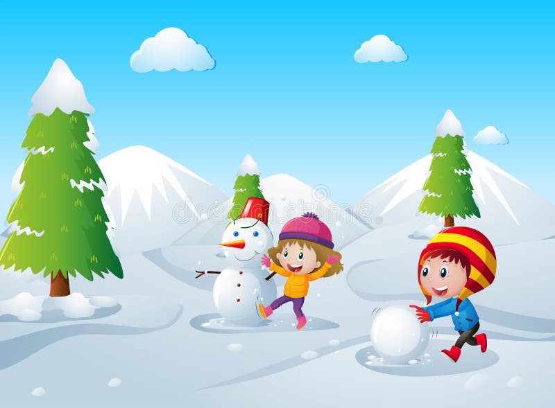 Two Kids Playing Snow Ball in the Snow Field Stock Vector ...