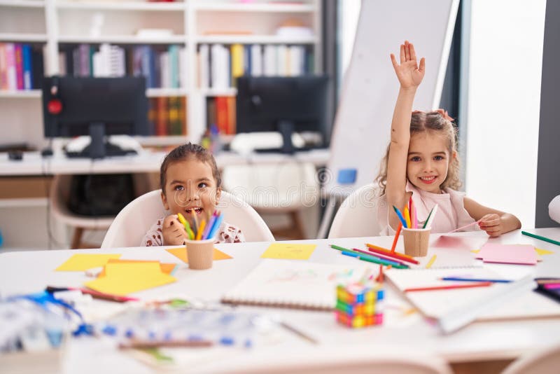 Two Kids Preschool Students Having Lesson with Teacher at Classroom ...
