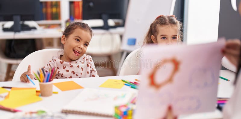 Two Kids Preschool Students Having Lesson with Teacher at Classroom ...